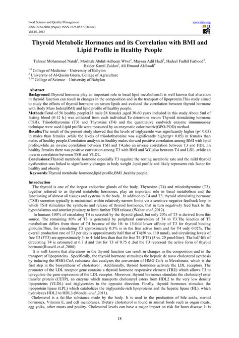 Pdf Thyroid Metabolic Hormones And Its Correlation With Bmi And Lipid Profile In Healthy People