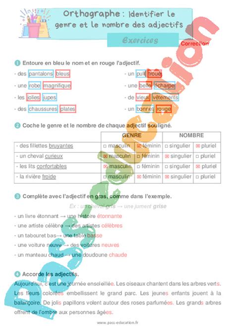 Identifier Le Genre Et Le Nombre Des Adjectifs Exercices D
