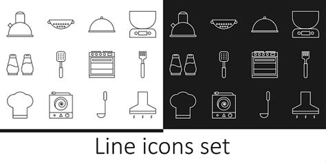 세트 라인 주방 추출기 팬 포크 트레이 주걱 소금과 후추 주전자 손잡이 오븐 및 소쿠리 아이콘으로 덮여 있습니다 벡터 가리기에 대한 스톡 벡터 아트 및 기타 이미지 Istock