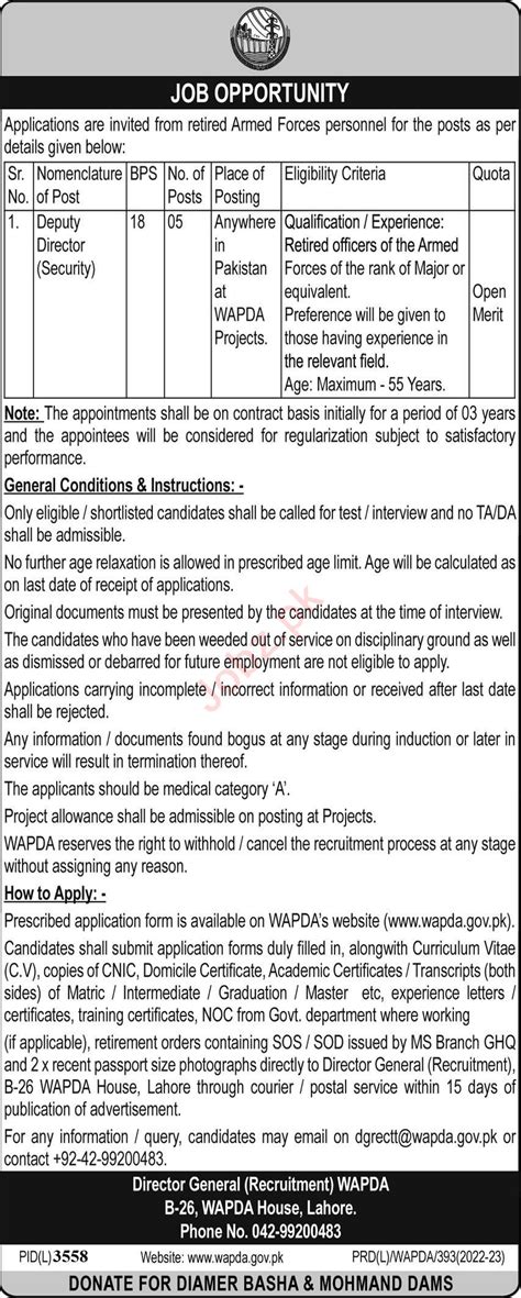 Wapda Lahore Deputy Director Security Jobs 2023 2025 Job Advertisement Pakistan