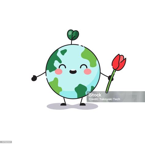 귀여운 행성 지구 손에 꽃을 들고 있는 행성 지구의 간단한 벡터 현대 그림 웃는 얼굴 식물 꽃을 가진 즐거운 지구 캐릭터 벡터에