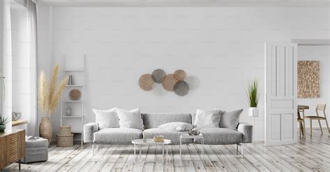 회색 소파가 있는 스칸디나비아 스타일의 거실 흰 벽 창문과 문이 있는 아파트 홈 디자인 3d 렌더링의 현대적인 인테리어 디자인 사진 Unsplash의 가구 이미지