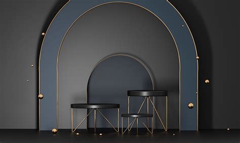 파란색과 금 요소와 3d 렌더링 연단 지오메트리를 렌더링합니다 추상 기하학적 모양 빈 연단 최소한의 장면 라운드 스텝 플로어 추상 구성 빈 쇼케이스 받침대 플랫폼 디스플레이