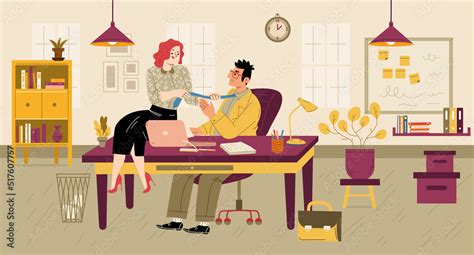 Sexual Harassment At Work In Office Vector Flat Illustration Of Woman Sitting On Boss Table And