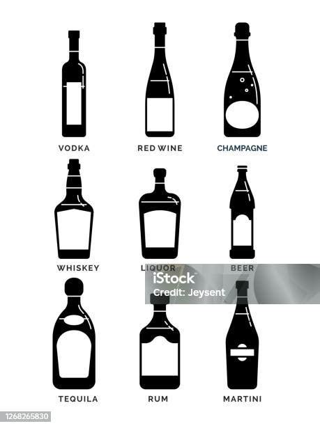 병 보드카 레드 와인 위스키 위스키 술 맥주 데킬라 럼 마티니 실루엣 스타일 축하 디자인에 대한 레스토랑 음료 알코올 일러스트