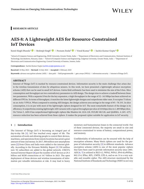 Pdf Aes‐8 A Lightweight Aes For Resource‐constrained Iot Devices