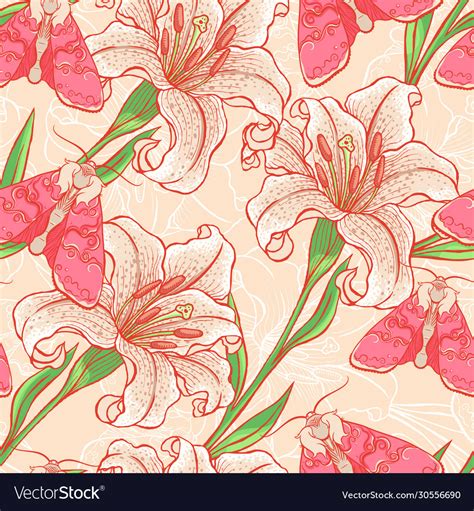 White Lilies And Pink Moths Royalty Free Vector Image