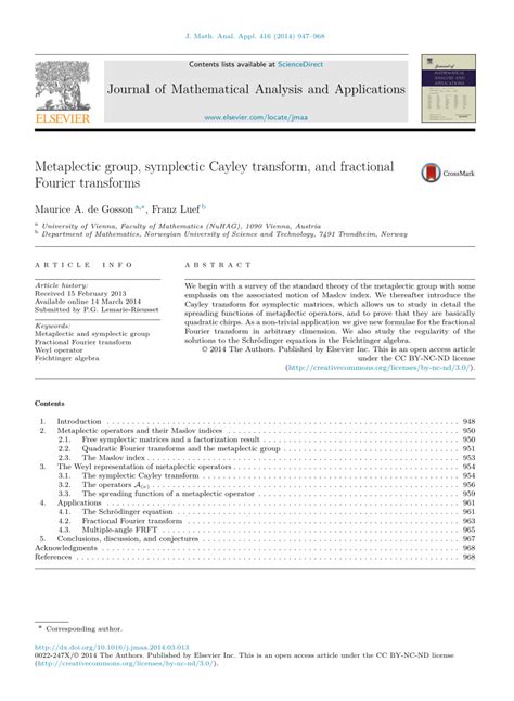 Pdf Metaplectic Group Symplectic Cayley Transform And Fractional Fourier Transforms