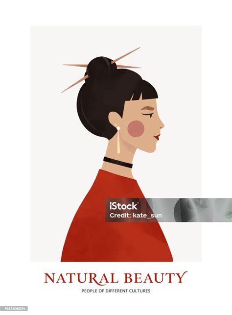 벡터 일러스트 레이 션 아시아 여성 헤어 스타일을 가진 젊은 아름다운 여성 초상화 빨간 옷을 입은 현대 여성 게이샤 다른 문화를 가진 사람들 블로그 인쇄물 카드에 딱