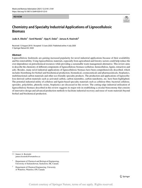 Chemistry And Specialty Industrial Applications Of Lignocellulosic Biomass Request PDF