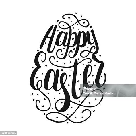 행복한 부활절 달걀 모양의 손으로 그린 서예 글자 텍스트 배너 포스터 카드입니다 흰색 배경에 고립 된 손으로 쓴 검은 단어 개념에 대한 스톡 벡터 아트 및 기타 이미지