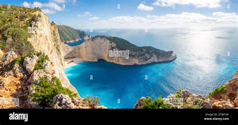 Panoramic View Over Navagio Beach Shipwreck Beach In Zakynthos