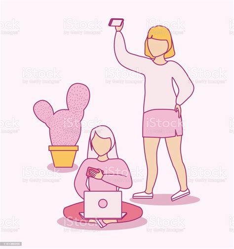 스마트폰 및 랩톱 컴퓨터를 사용 하 여 셀 카를 찍는 그룹 여성 개념에 대한 스톡 벡터 아트 및 기타 이미지 개념 개체 그룹 날씨 Istock