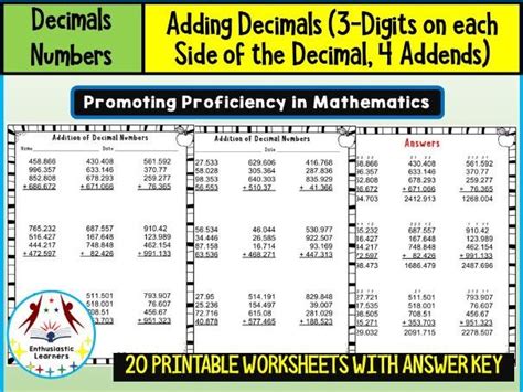 Adding Decimals Worksheets Thousandths 4 Addends Math Problems