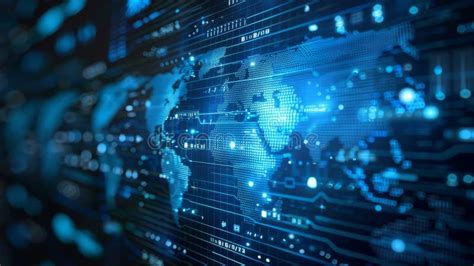 Digital World Map Overlay With Glowing Lines And Binary Code