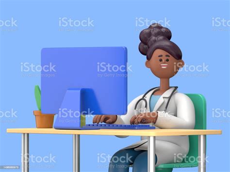 여성 의사 줄리엣이 노트북 컴퓨터로 작업하고 서류에 글을 쓰는 3d 그림 병원 배경 파란색 배경에 분리된 의료 프레젠테이션 클립 아트 3차원 형태에 대한 스톡 사진 및 기타
