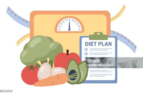 건강한 음식으로 다이어트 계획 영양사 개념 체중 감소 칼로리 조절 및 신체 활동 벡터 플랫 일러스트 레이 션 음식에 대한 스톡 벡터 아트 및 기타 이미지 Istock