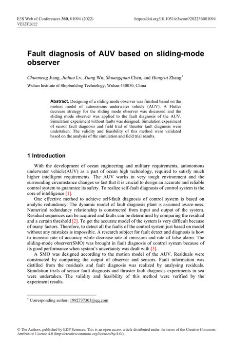 Pdf Fault Diagnosis Of Auv Based On Sliding Mode Observer