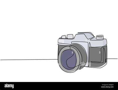 One Single Line Drawing Of Old Retro Analog Slr Camera With Telephoto