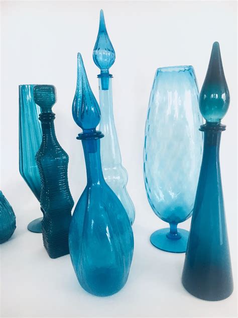 1960s Collection Of Vintage Blue Glass Vases And Decanters Set Of 9