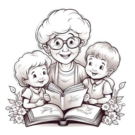 Libro Para Colorear La Abuela Y Sus Felices Nietos Leyendo Libros De