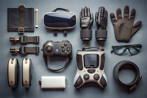 Tech Devices And Accessories Like Vr Glasses Vr Gloves Controllers Motion Sensors On Grey