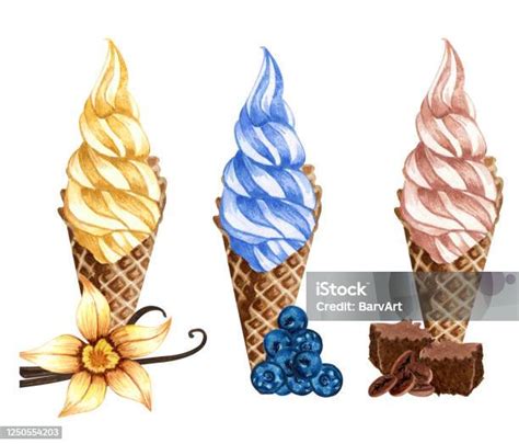 흰색 배경에 고립 된 아이스크림 콘의 수채화 세트 와플 콘에 바닐라 초콜릿 블루베리 아이스크림을 손으로 그린 그림과 딸기 브라우니 과일에 대한 스톡 벡터 아트 및 기타