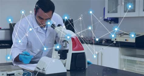 Animation Of Network Of Connections Over Biracial Male Scientist In Laboratory Stock Video