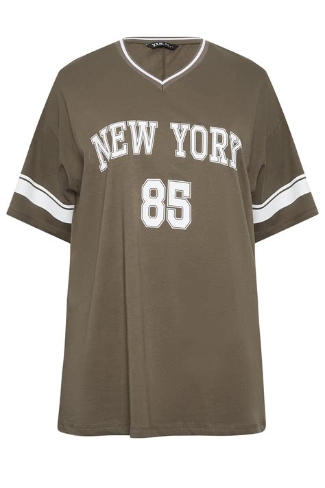 Yours Curve Plus Size Khaki Green New York Slogan Varsity T Shirt Yours Clothing