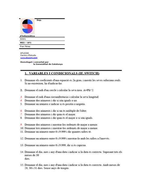 Programación Estructurada Ii Variables Condicionales Bucles Exercicis Pdf