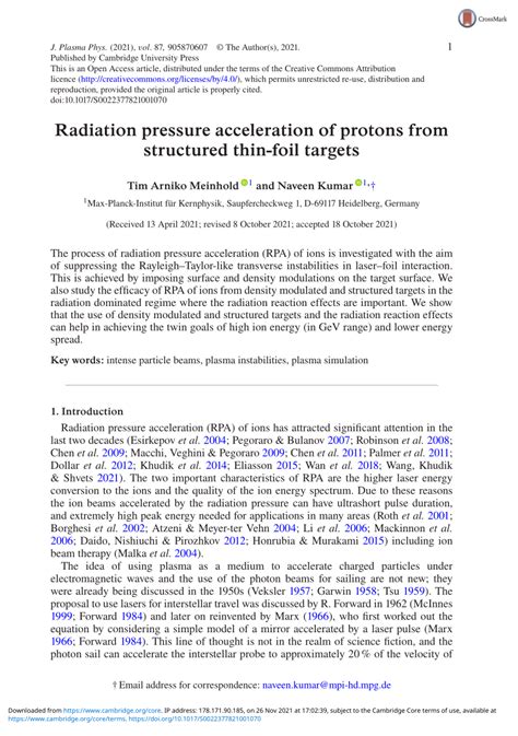 Pdf Radiation Pressure Acceleration Of Protons From Structured Thin