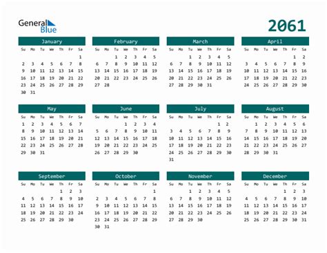 Calendar For Year 2061