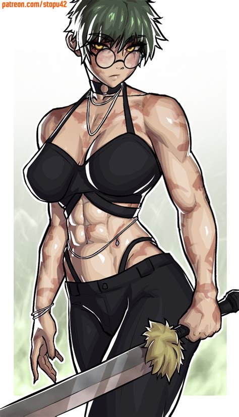 Stopu Zenin Maki Jujutsu Kaisen Highres 1girl Abs Breasts Burn Scar Glasses Green Hair