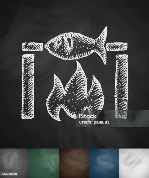 생선 바베 큐 아이콘입니다 손으로 그린된 벡터 일러스트 레이 션 Retromobile Show에 대한 스톡 벡터 아트 및 기타 이미지 Retromobile Show 강