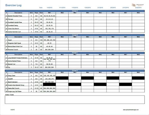 Workout Log Template Https Spreadsheetshoppe Com