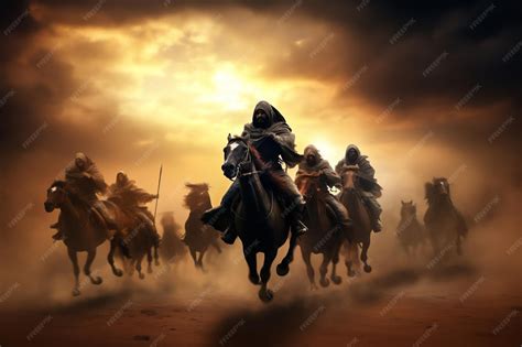 Arab Warriors With Sword Raised On Horses Running Fast In The Arabian
