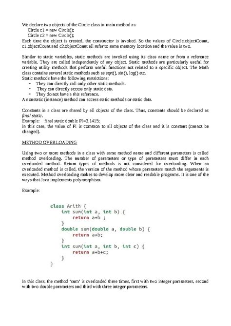 Oop M1 Notes 2 Understanding Circle Class And Method Overloading Studocu