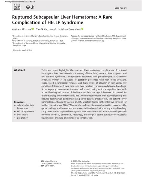 Pdf Ruptured Subcapsular Liver Hematoma A Rare Complication Of Hellp
