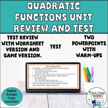 Quadratic Functions Review And Test By Teacher Twins TPT