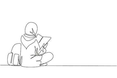 Premium Vector Single Continuous Line Drawing Back View Arabian Woman Sitting On Floor Reading