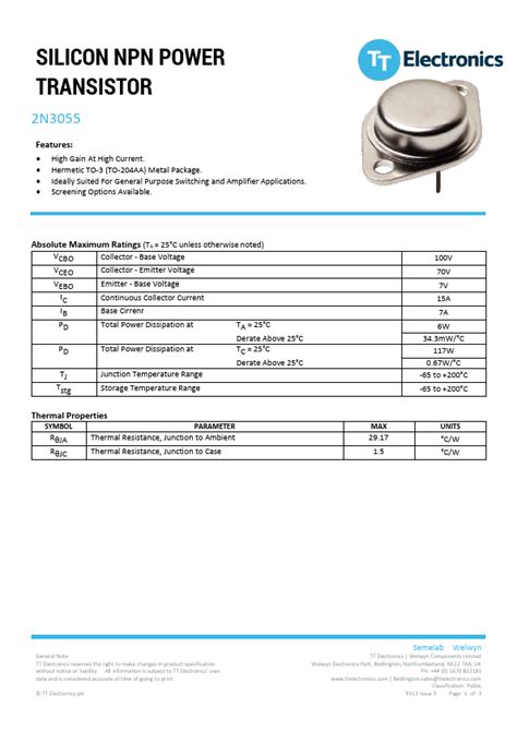 2n3055 Datasheet Pdf Silicon Npn Power Transistor Tt Electronics
