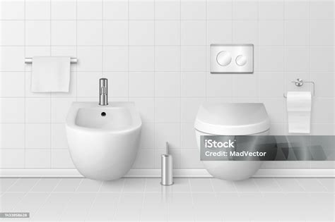 벡터 3d 현실적인 흰색 세라믹 화장실 욕실의 비데 화장실 룸 뚜껑이있는 닫힌 변기 배관 모형 인테리어 청소 위생 개념을위한 디자인 템플릿 정면보기 3차원 형태에 대한 스톡