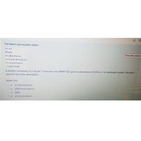 Solved The Beers Law Equation