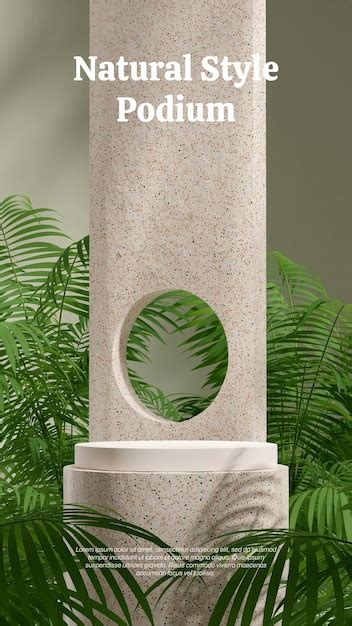 Натуральный подиум терраццо в портретном пальмовом растении и зеленой стене 3d изображение