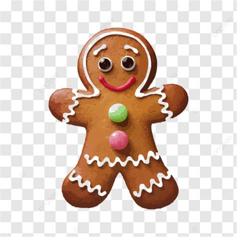 몸에 설탕 장식 디테일이 있는 귀여운 진저브레드 맨은 큰 사탕 눈과 껌으로 만든 단추를 웃고 있고 팔을 뻗은 투명한 배경을 가지고 있습니다 귀엽다 생강 빵 설탕 프로