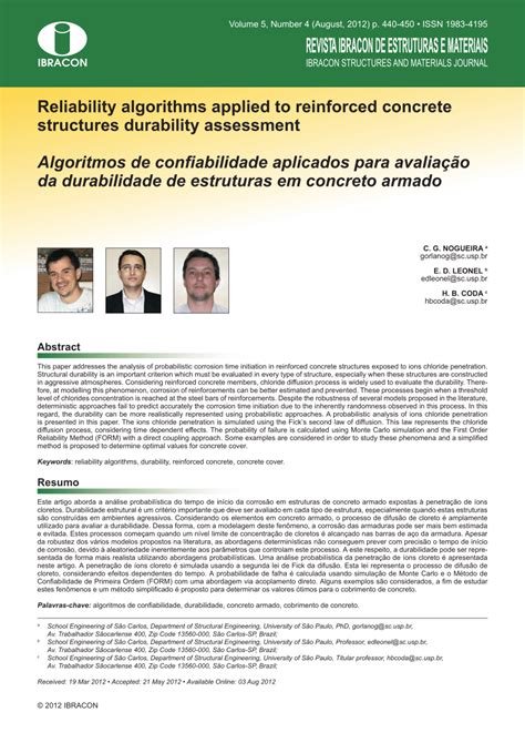 Pdf Reliability Algorithms Applied To Reinforced Concrete Durability Assessment