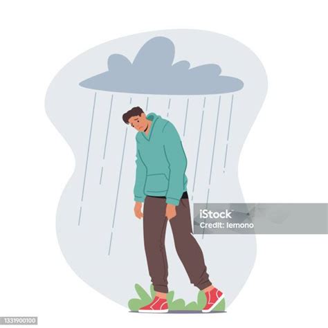 우울한 불안한 남자는 우울증이나 불안 문제의 고통 머리 위의 비오는 구름 아래 걷는 좌절 느낌 우울함에 대한 스톡 벡터 아트 및