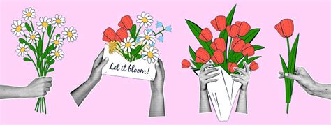 복고풍 콜라주 스타일의 현대적인 인사말 요소 세트입니다 하프톤 효과가 있는 여성의 손에는 꽃다발 꽃 데이지 튤립이 담긴 축하