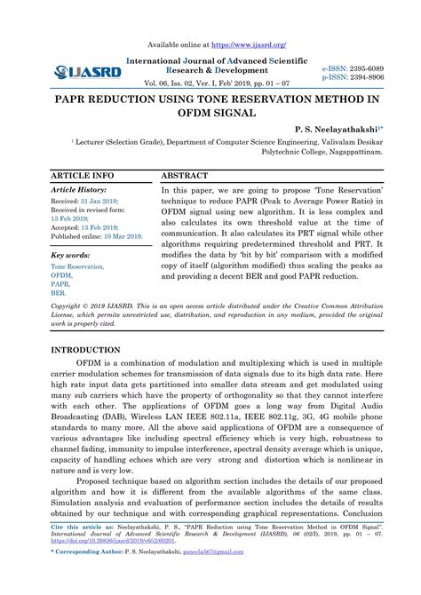 Papr Reduction Using Tone Reservation Method In Ofdm Signal Pdf
