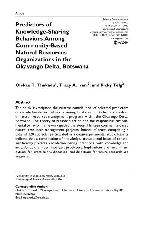 Pdf Predictors Of Knowledge Sharing Behaviors Among Community Based